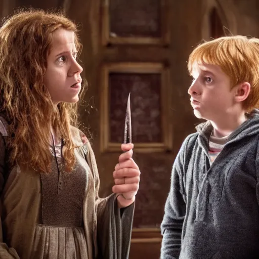 an angry hermione casting a spell at a scared ron | Stable Diffusion ...