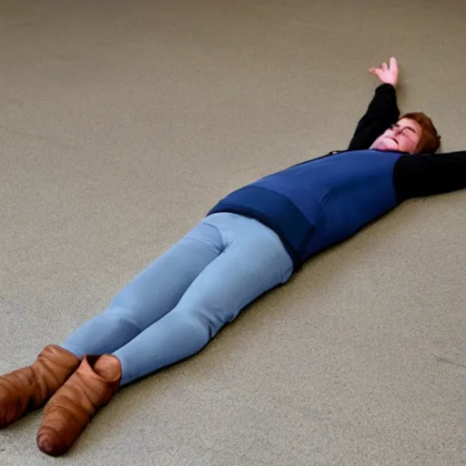 deflated human, flattened human on the floor, hollow, | Stable Diffusion