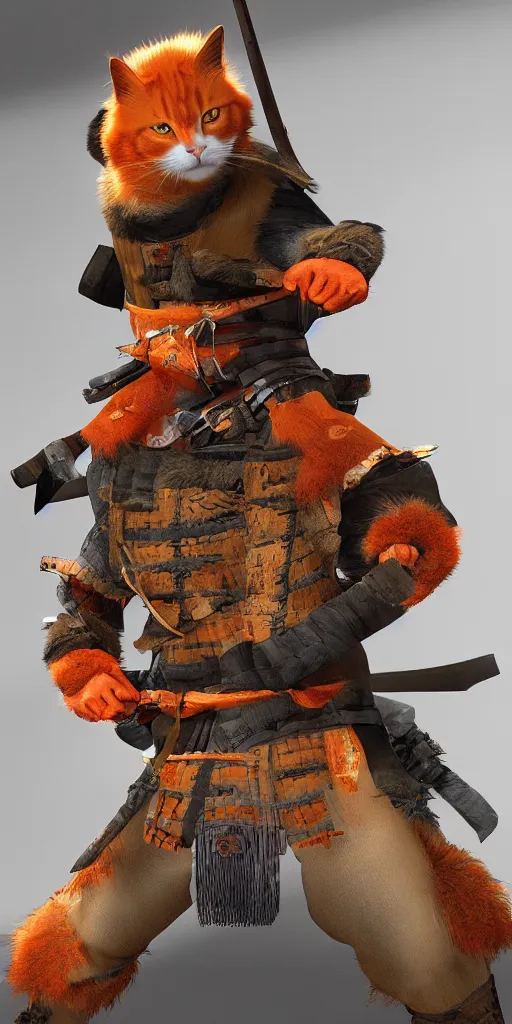 a veteran samurai orange cat in western gear with a | Stable Diffusion