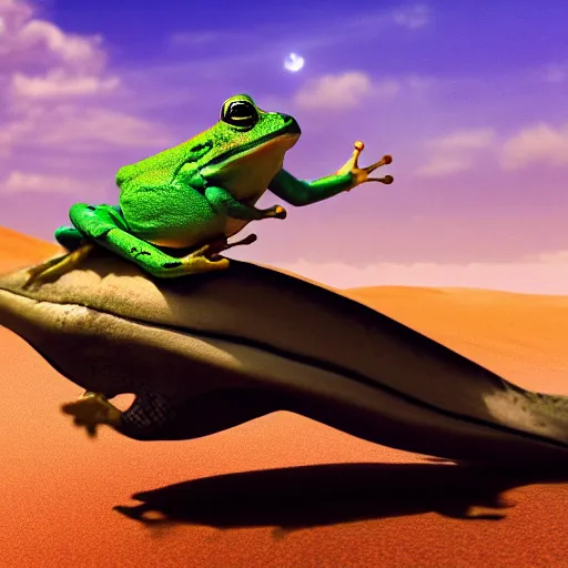 a frog riding a whale in the desert, photorealistic, | Stable Diffusion