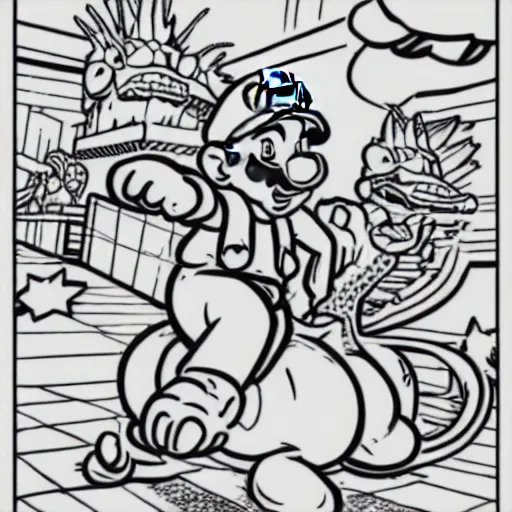 a colouring page of mario riding a dinosaur | Stable Diffusion | OpenArt