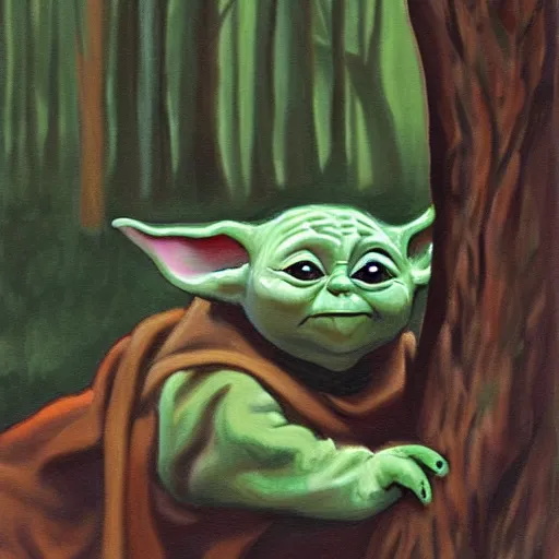 painting of a cute baby yoda in the woods hiding | Stable Diffusion ...