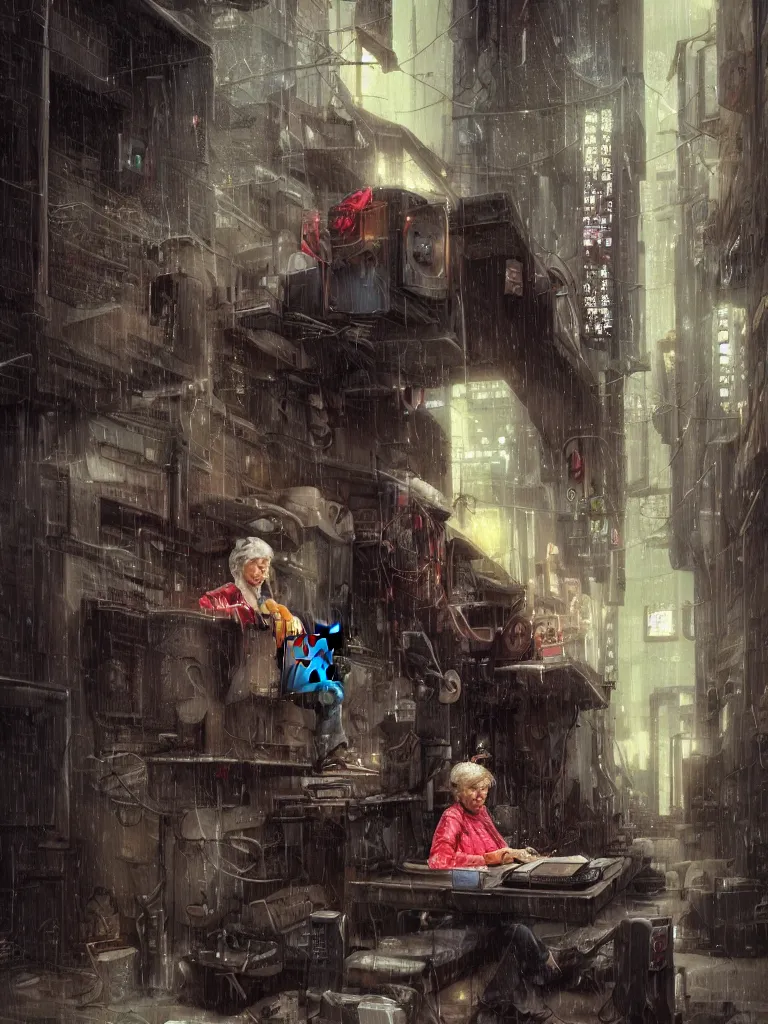 a three-quarters shot of a techno wizard grandma | Stable Diffusion