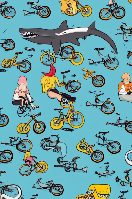 illustration of sharks riding bikes in the style of | Stable Diffusion ...
