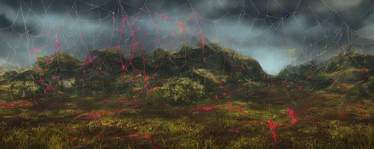otherwordly landscape covered in spiderweb, [ | Stable Diffusion | OpenArt