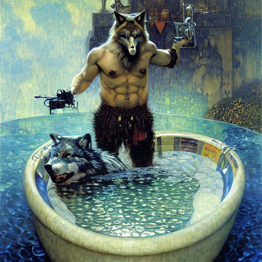 portrait of a wolf wolfman in a bath tub. shadowrun | Stable Diffusion ...