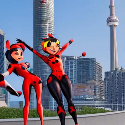 miraculous ladybug posing in front of the cn tower | Stable Diffusion