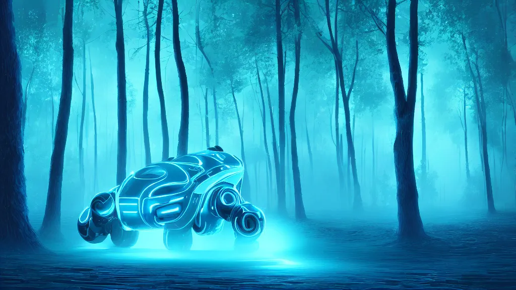 glossy white curved robot in a forest of glowing blue | Stable ...