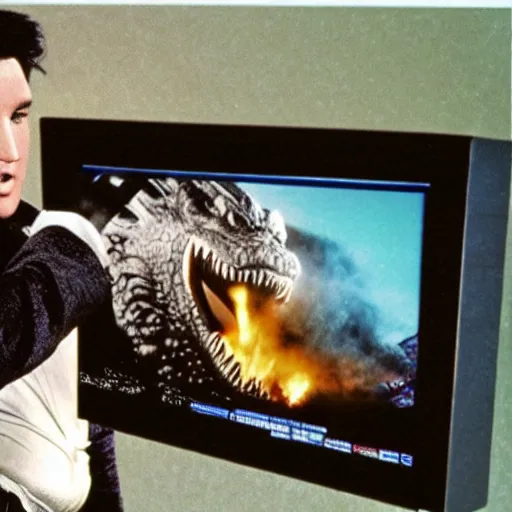 Elvis watching godzilla vs the smog monster on a flat | Stable ...