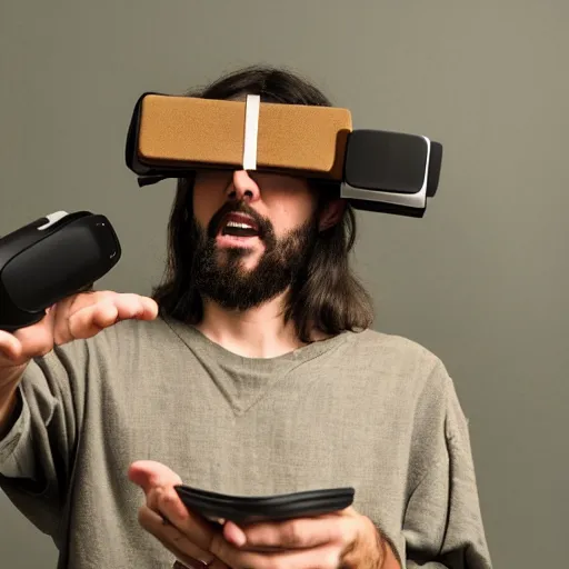 jesus with a vr headset throws the pennies to the | Stable Diffusion ...