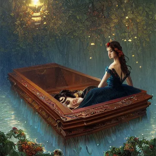 an elaborate floating coffin with a mysterious woman | Stable Diffusion ...
