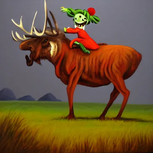 a painting of a creepy clown riding a moose | Stable Diffusion | OpenArt