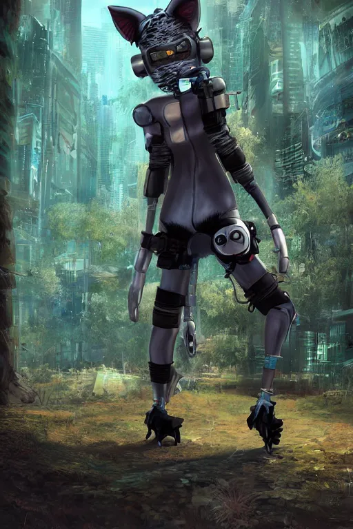 a cyberpunk furry with a fluffy tail in a forest, | Stable Diffusion ...