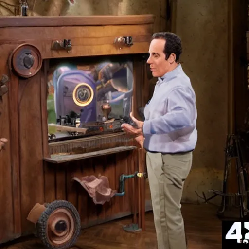animatronic Jerry Seinfeld, exposed mechanics, photo, | Stable Diffusion