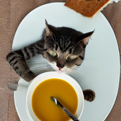 a cat eating soup with a spoon, professional | Stable Diffusion