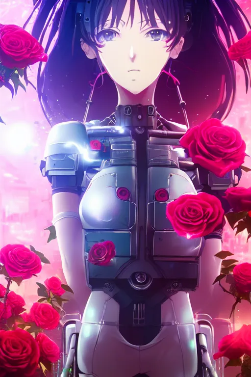 cyborg girl in cyberpunk rose garden, contemplation, | Stable Diffusion