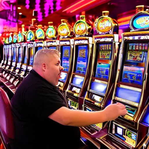 fat blonde man crying while losing money on a slot | Stable Diffusion