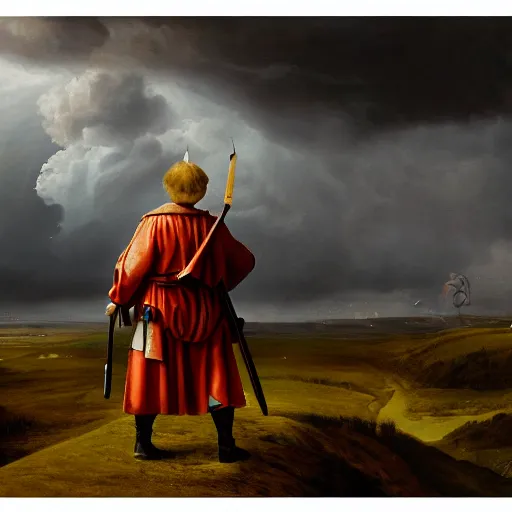 lone warrior final stand against army, battlefield, | Stable Diffusion