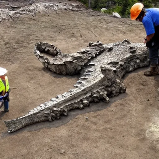 archeologists finding a huge Godzilla fossilized | Stable Diffusion