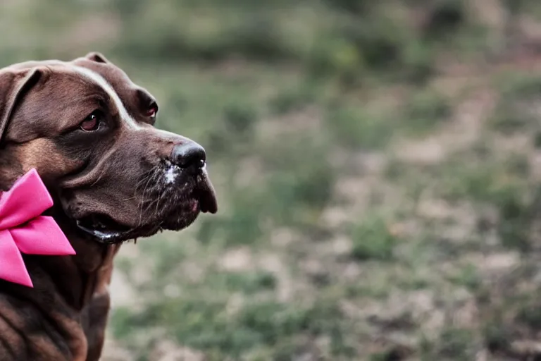 movie scene closeup juggernaut dog with pink bow on | Stable Diffusion ...