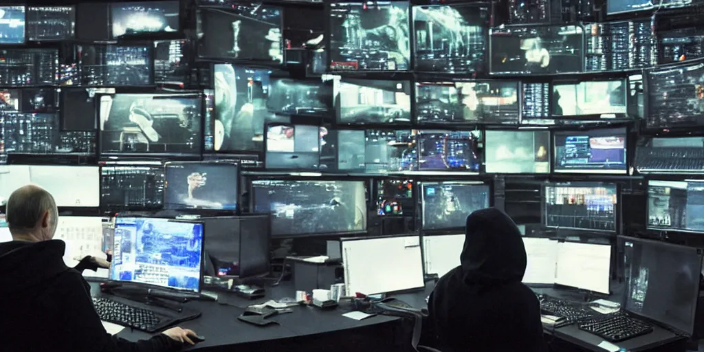 vladimir putin hacking into the mainframe, in dark | Stable Diffusion ...