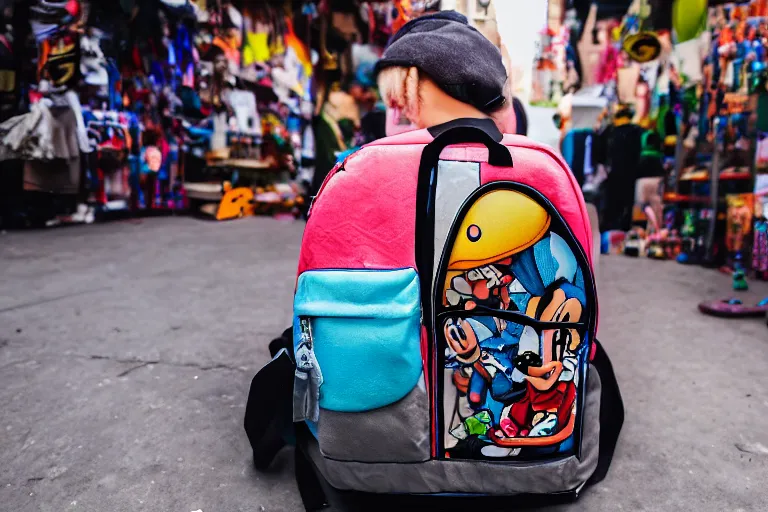 bootleg disney backpack being sold in an alley market, | Stable Diffusion