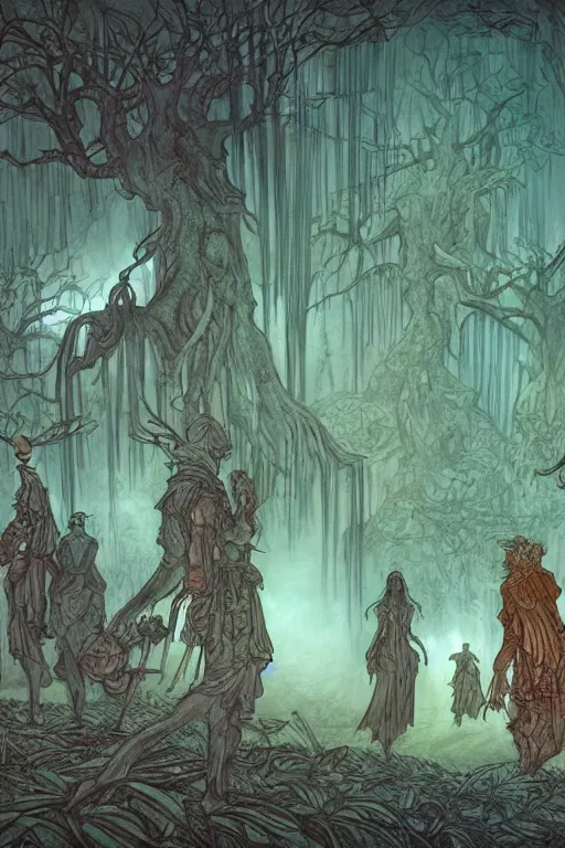 group of treefolk merchant nomads walking through a | Stable Diffusion ...