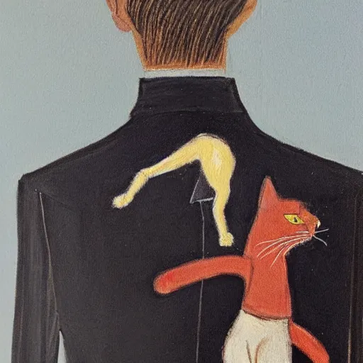 a detailed painting of a man with a cat on his back by | Stable ...