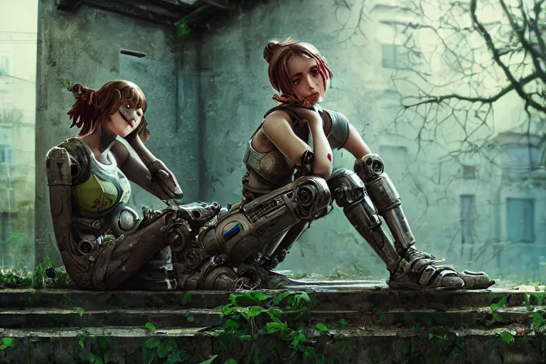 Broken cyborg girl sitting on old courtyard with mud | Stable Diffusion ...