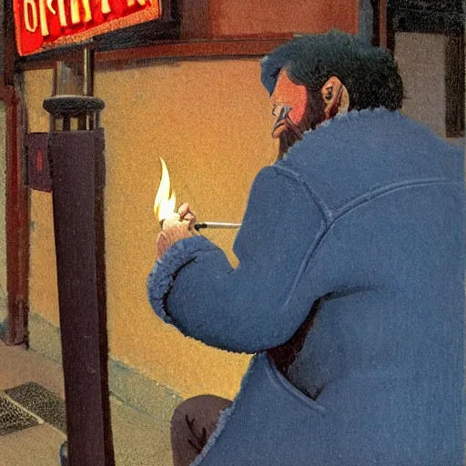 a hirsute broad man in a { denim shearling coat } sits | Stable ...