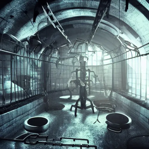 scary dungeon with torture devices and restraints, | Stable Diffusion