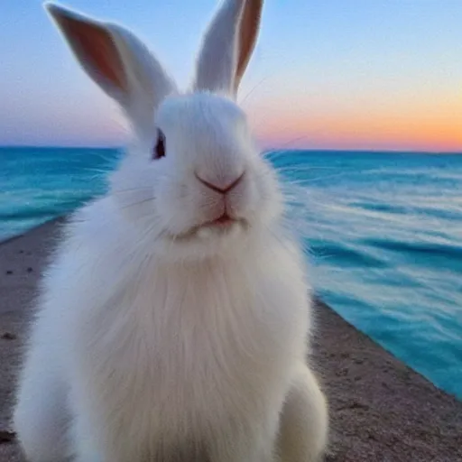 a selfie of a white rabbit with long hairs watching at | Stable Diffusion