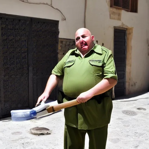 a fat old bald mad man in Israel defense force uniform | Stable Diffusion
