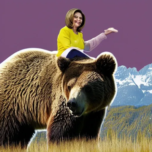 nancy pelosi riding on top of a grizzly bear | Stable Diffusion | OpenArt