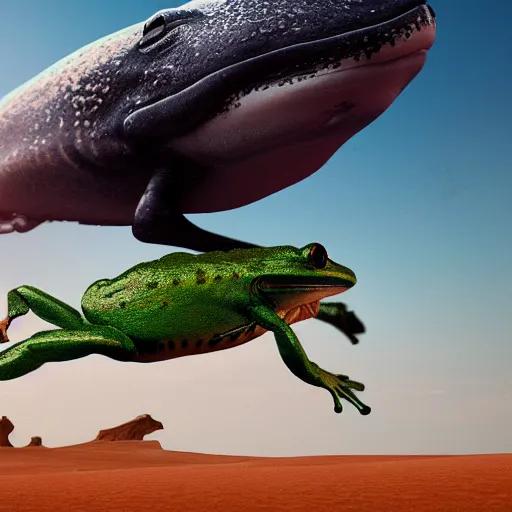 a frog riding a whale in the desert, photorealistic, | Stable Diffusion