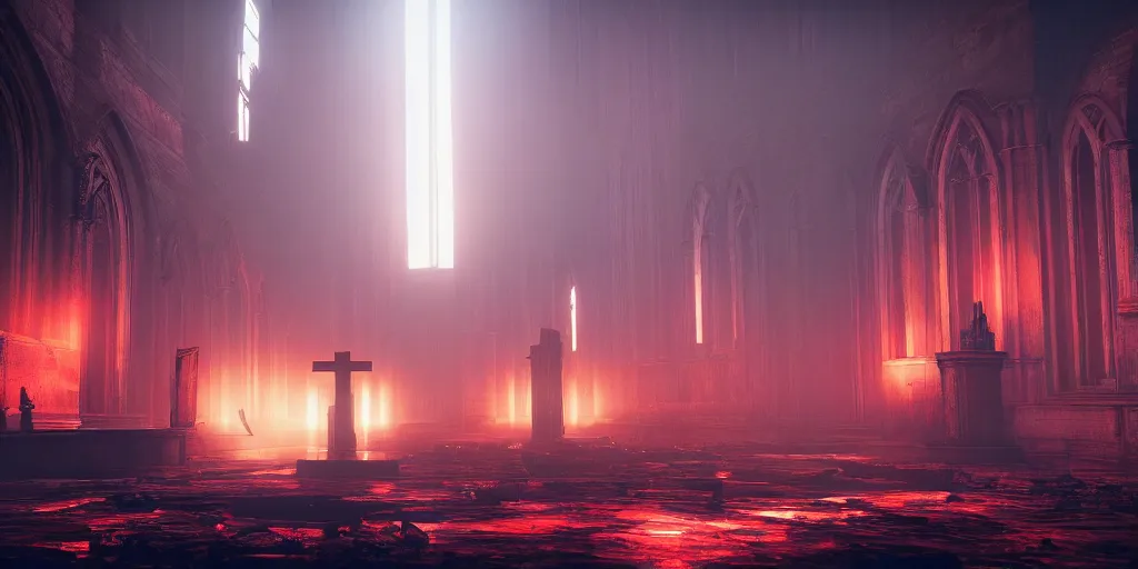 symmetrical, ancient church with red shafts of light | Stable Diffusion ...