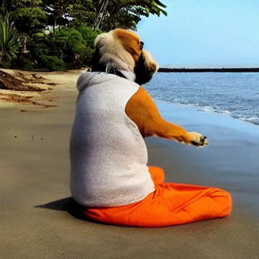 “a dog meditating in the lotus pose on a beach looking | Stable ...