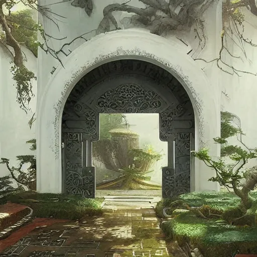 circular gate in a white wall, leading to a garden. | Stable Diffusion ...