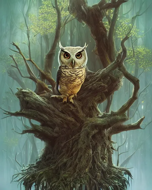 a mystical owl!! standing in branch a forest! large | Stable Diffusion | OpenArt