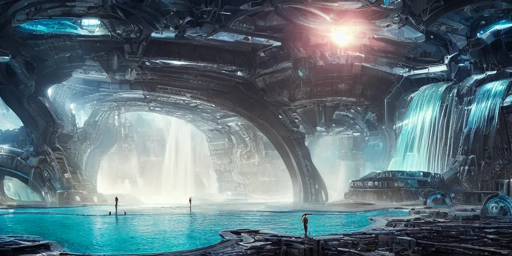 alien spacecraft hovering over beautiful pool of | Stable Diffusion