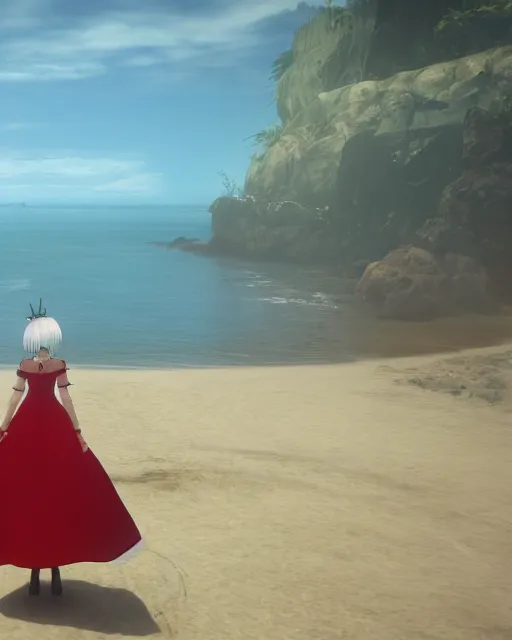 Nier Automata standing on a beach and wearing red | Stable Diffusion ...