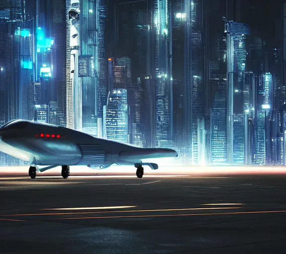 futuristic sci fi jet lands at runway of cyberpunk | Stable Diffusion