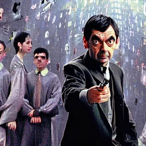 A still of Mr Bean in The Matrix | Stable Diffusion