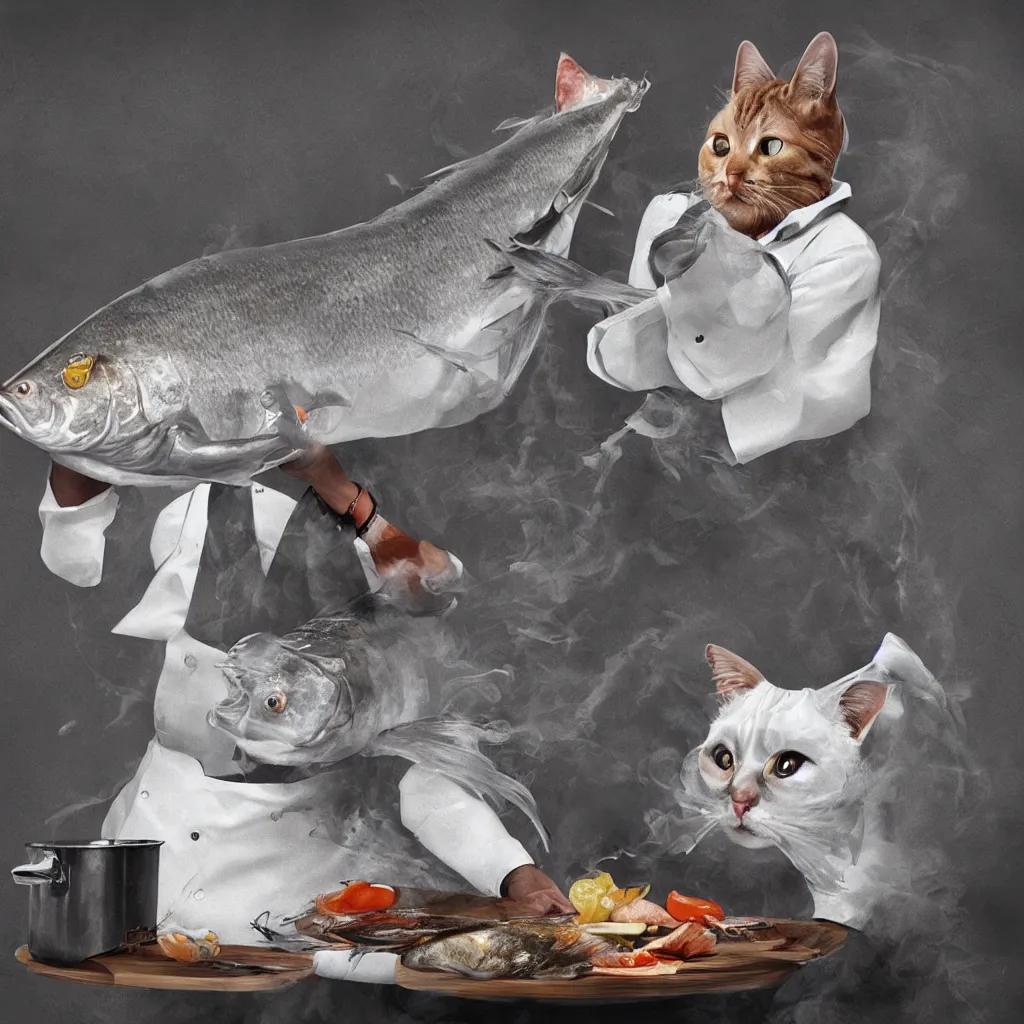 “a celebrity chef cat Alton Grey cooking a whole fish, | Stable ...