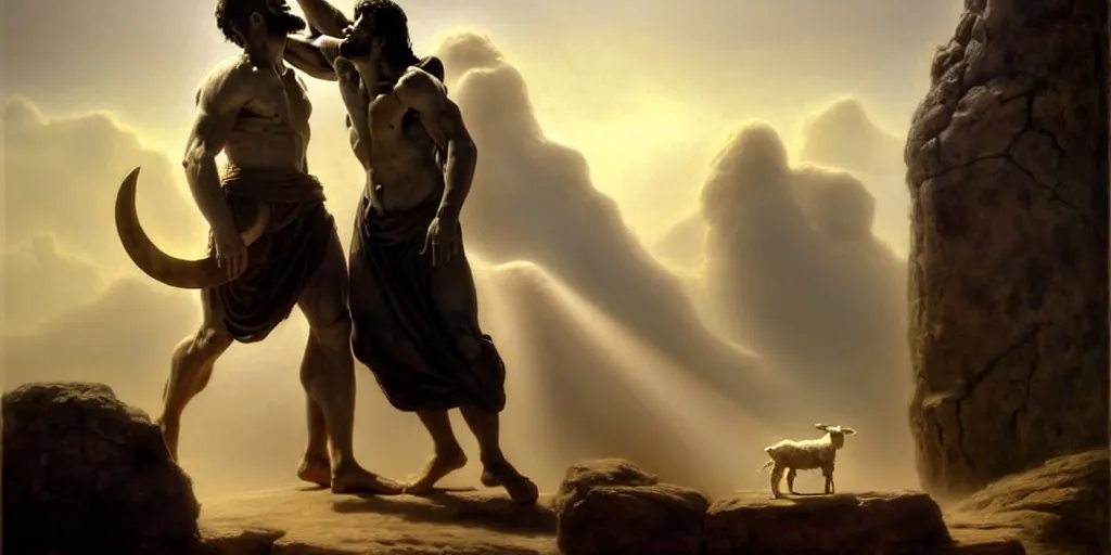 realistic scene of biblical Cain embracing Abel before | Stable ...