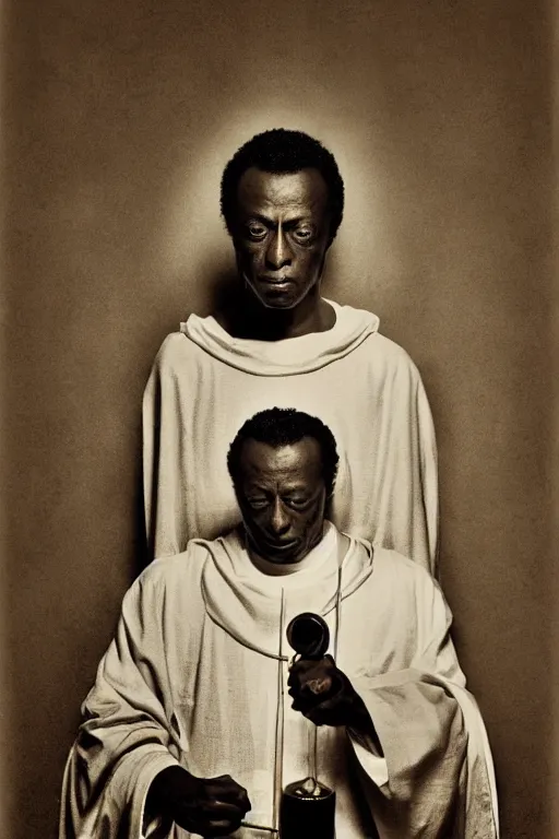 intense portrait of miles davis as a medieval priest, | Stable Diffusion