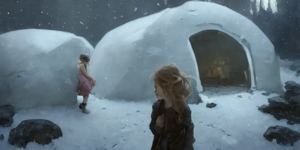 young girl back to us in front of an igloo in the | Stable Diffusion | OpenArt