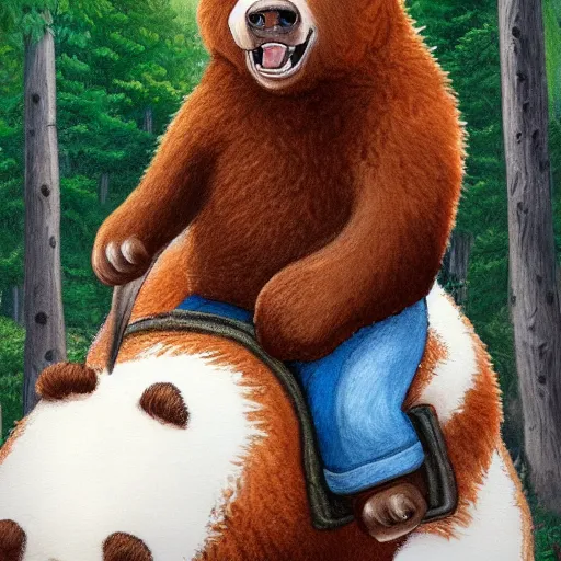 a portrait of bob ross riding on the back of brown bear | Stable ...
