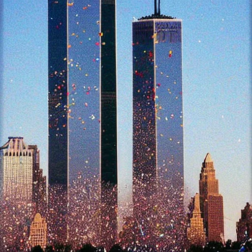 twin towers 9/11 with confetti explosion | Stable Diffusion | OpenArt