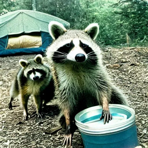 raccoons on a camping trip, 1 9 8 0 s photo | Stable Diffusion